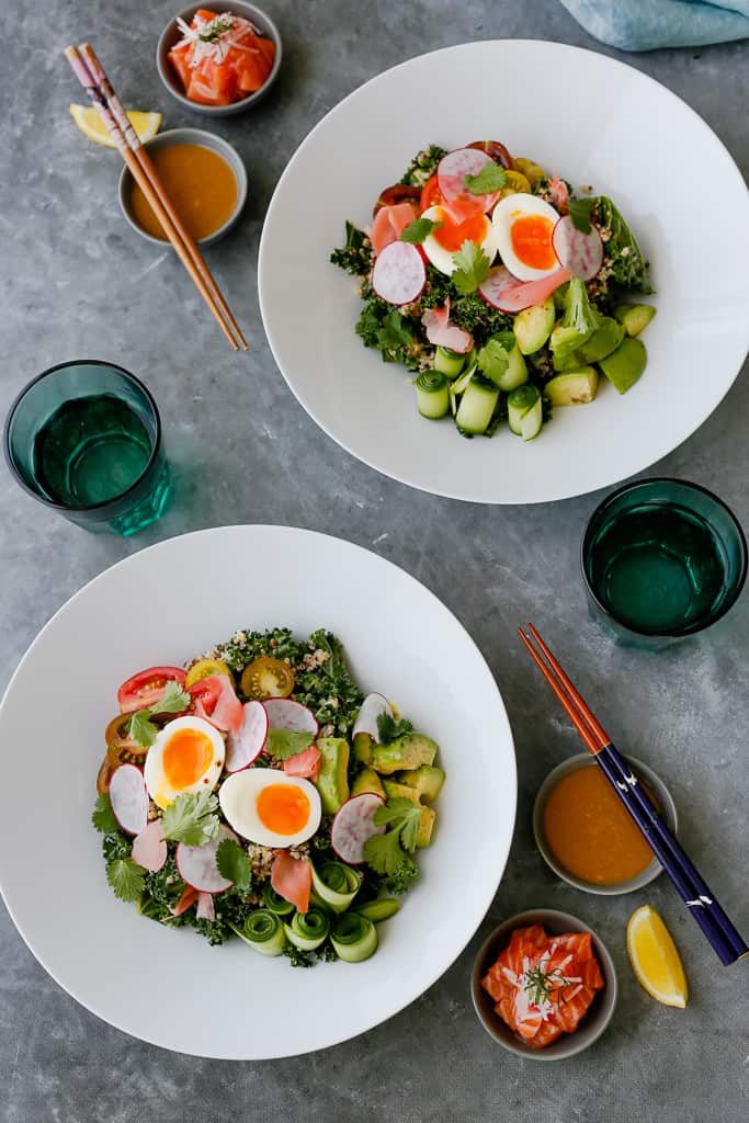 Kale Quinoa Salad With Salmon And Miso Dressing Between2kitchens