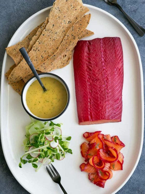 Beet Cured Salmon Gravlax with Mustard Dill Sauce | between2kitchens