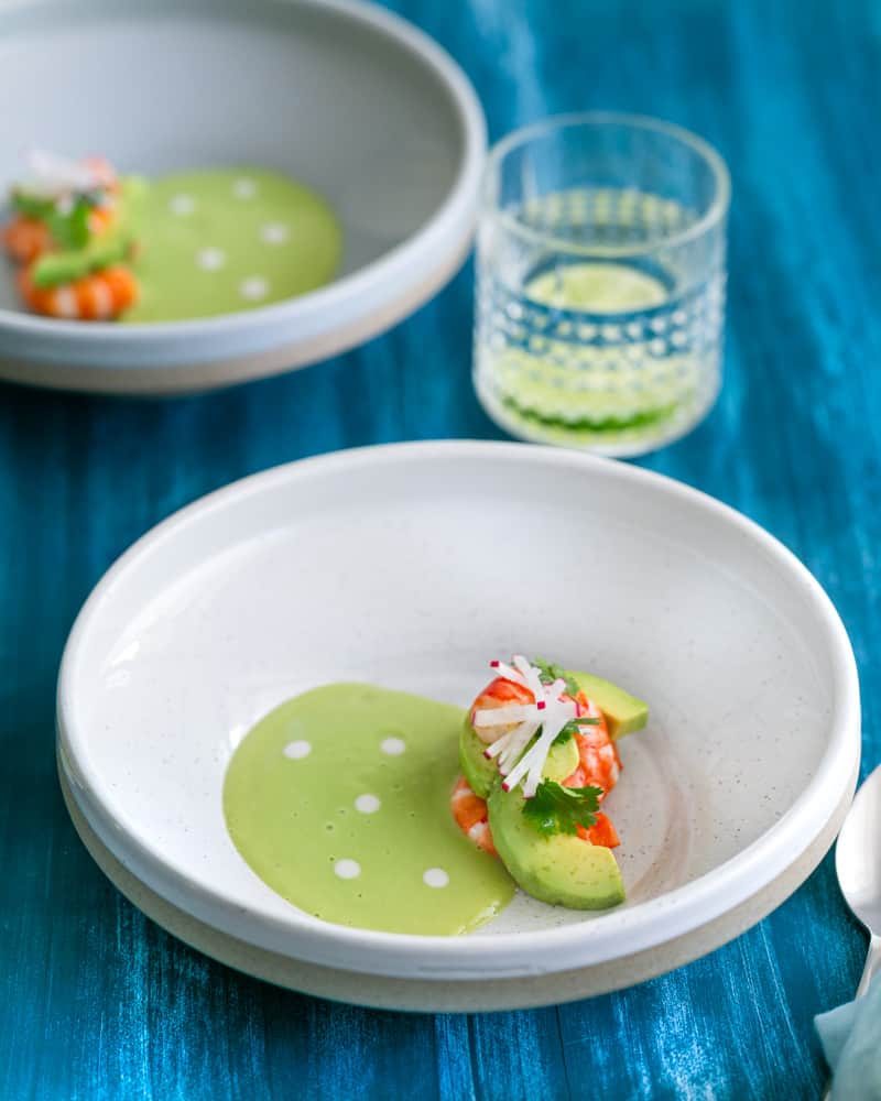 Chilled Avocado and Green Apple Soup with Tiger Prawns