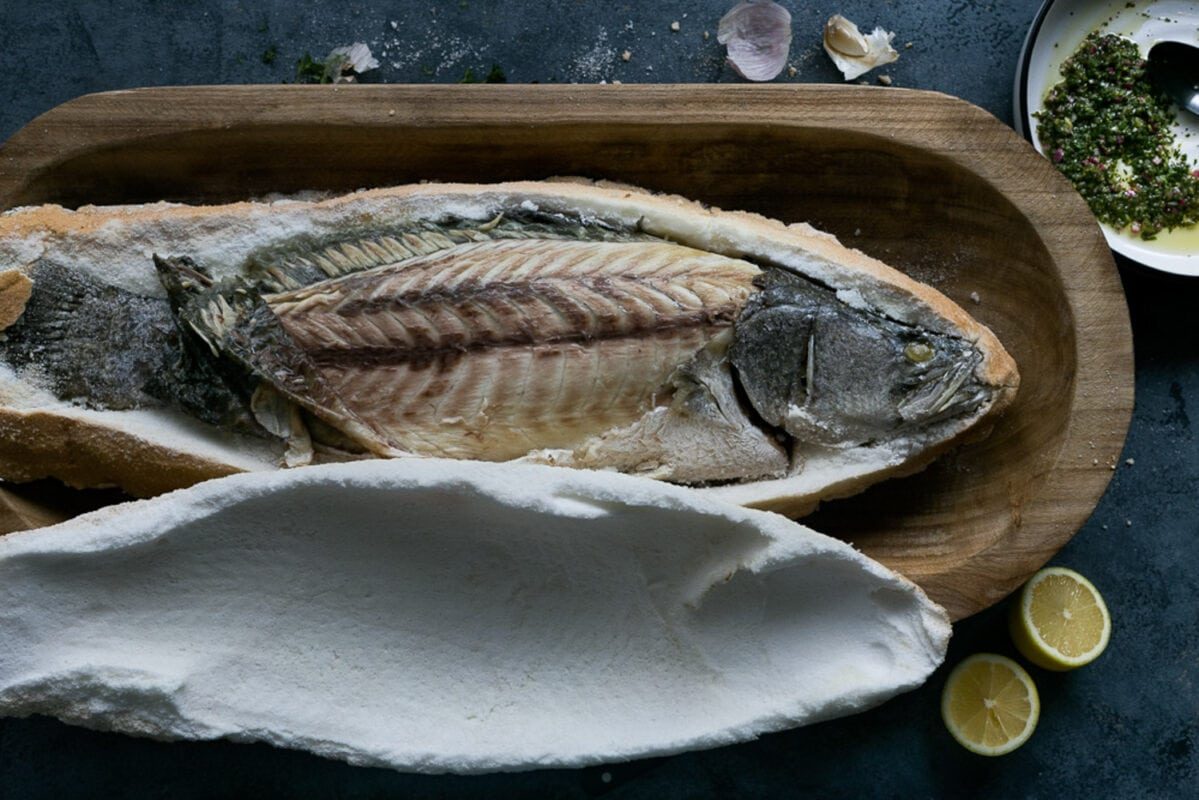 Whole Baked Fish in Salt Crust with Salsa Verde - Between2Kitchens