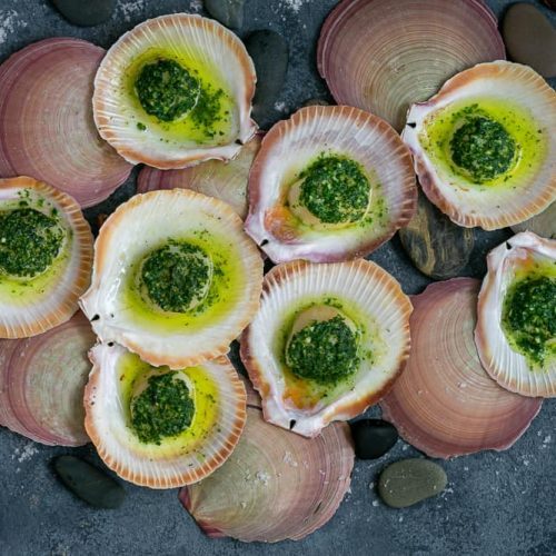 Scallops Baked in the Shell with Garlic Herb Butter | between2kitchens