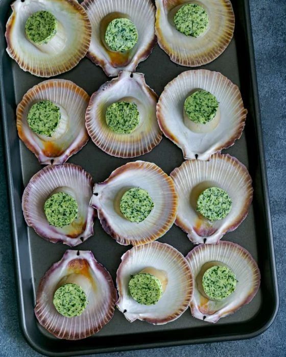 Scallops Baked in the Shell with Garlic Herb Butter - between2kitchens