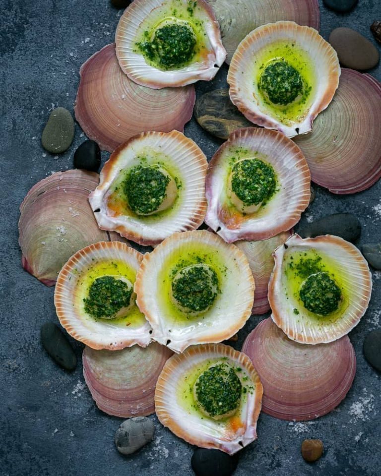 Scallops Baked in the Shell with Garlic Herb Butter - between2kitchens