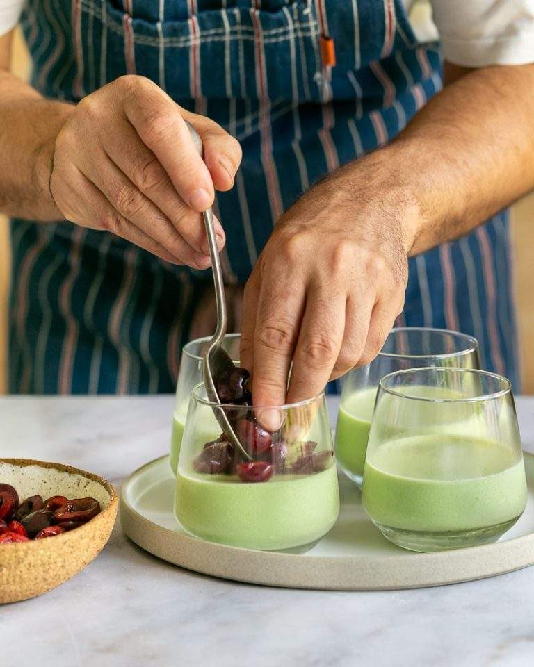 Green Tea Matcha Panna Cotta with Cherries - Between2Kitchens