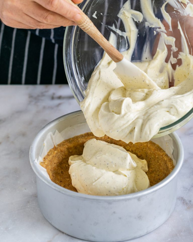 Lemon Myrtle Cheesecake with Macadamia Praline - Between2Kitchens