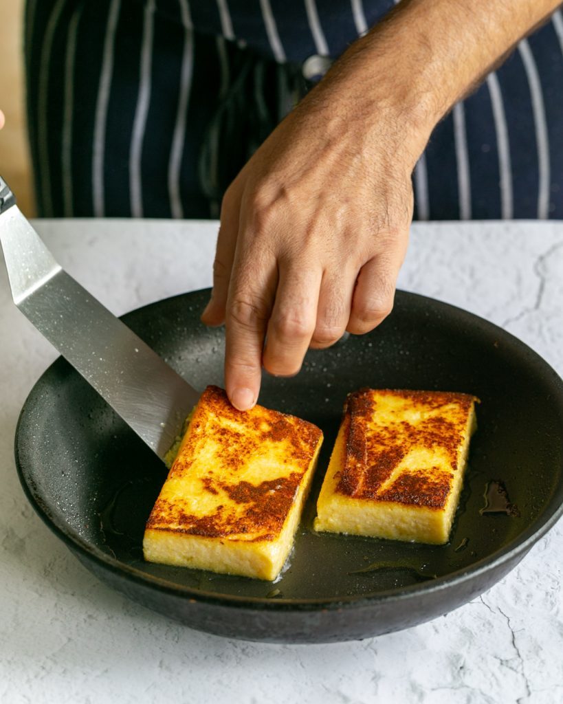 Pan fried Polenta Cakes with Spring Vegetables - Between2Kitchens