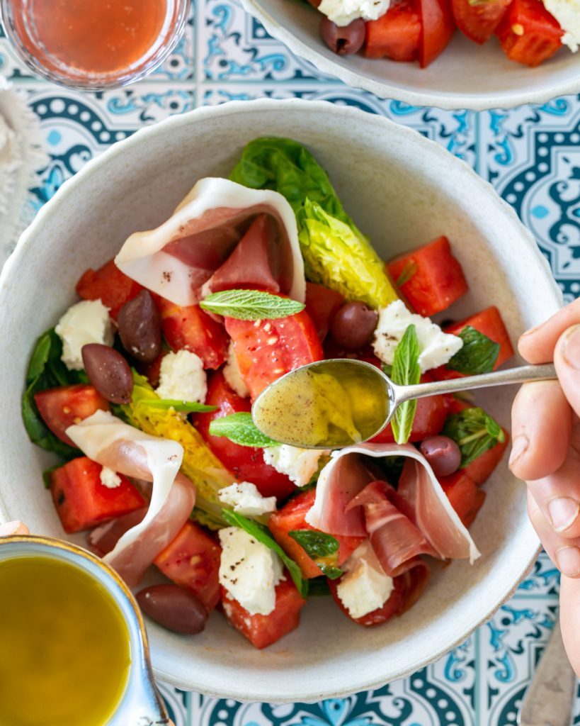 Tomato Watermelon Salad with Goats Cheese - Between2Kitchens