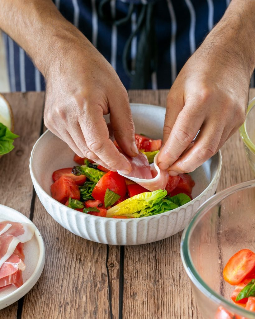Tomato Watermelon Salad with Goats Cheese - Between2Kitchens