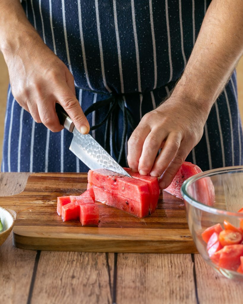 Tomato Watermelon Salad with Goats Cheese - Between2Kitchens