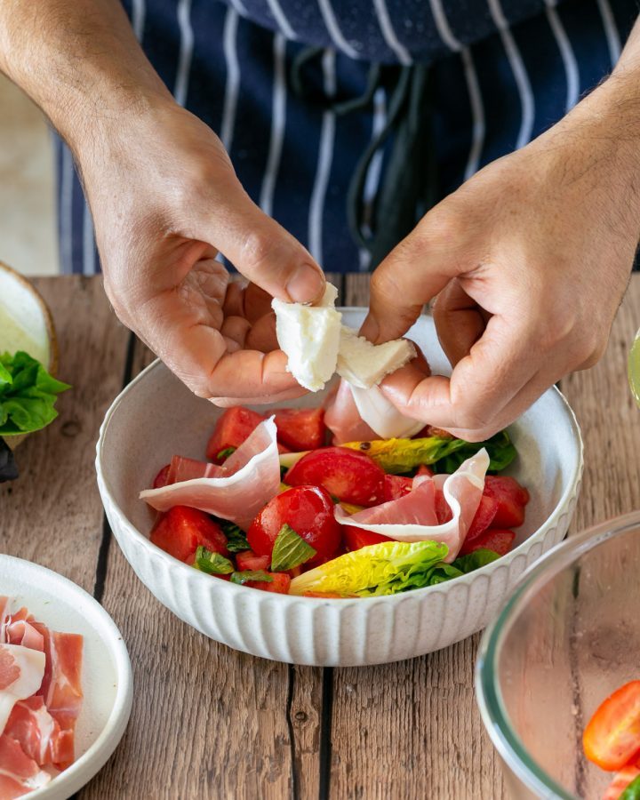 Tomato Watermelon Salad with Goats Cheese - Between2Kitchens